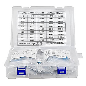 KOKISO 5W 5 Watts 100PCS 50 Value (1 ohm—1M ohm) Metal Film Resistor +/-1% Assorted Kit Assortment