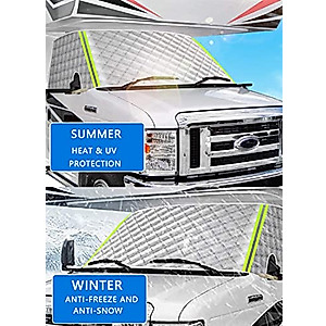 Big Hippo Windshield Cover RV Window Sunshade Cover for Class C Ford E450 1997-2022 Motorhome, UV Block Offer Complete Privacy with Reflective Strips RV Accessories 4 Layers with Mirror Cutouts Silver