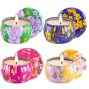 Scented Candles Set for Women, 4 Pack 4.4 Oz Natural Soy Wax with Essential Oil, Portable Travel Scented Candles, Long Lasting Aromatherapy Candle for Stress Relief, Bath, Holiday, Christmas。