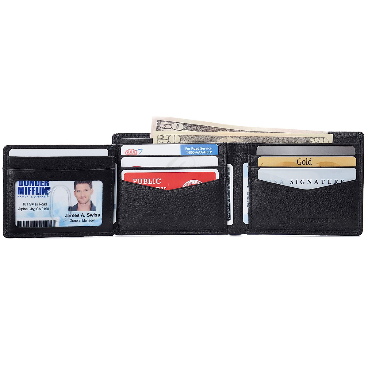 alpine swiss Men's Genuine Leather Wallet Slim Flip-out Bifold, Black, One Size