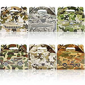 24 PCS Camo Party Favors Boxes Camouflage Army Party Goodie Boxes Camo Paper Camouflage Treat Boxes with Handle Camo Birthday Party Supplies for Candy Cookie Wrapping, 6 x 3.5 x 3.5 Inch, 6 Designs