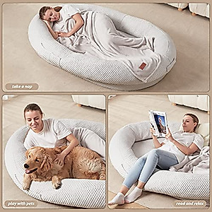 Homguava Large Human Dog Bed 72"x48"x10" Human-Sized Big Dog Bed for Adults&Pets Giant Beanbag Bed with Washable Fur Cover,Blanket and Strap(Light Grey)