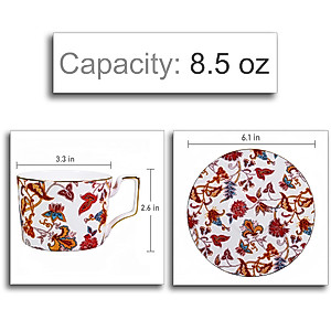 LanHong 8.5 Ounces Tea Cup and Saucer Set Floral Tea Coffee Cup with Saucer Bone China Teacup and Saucer Set Gift for Mom Friend Tea Party (Red)