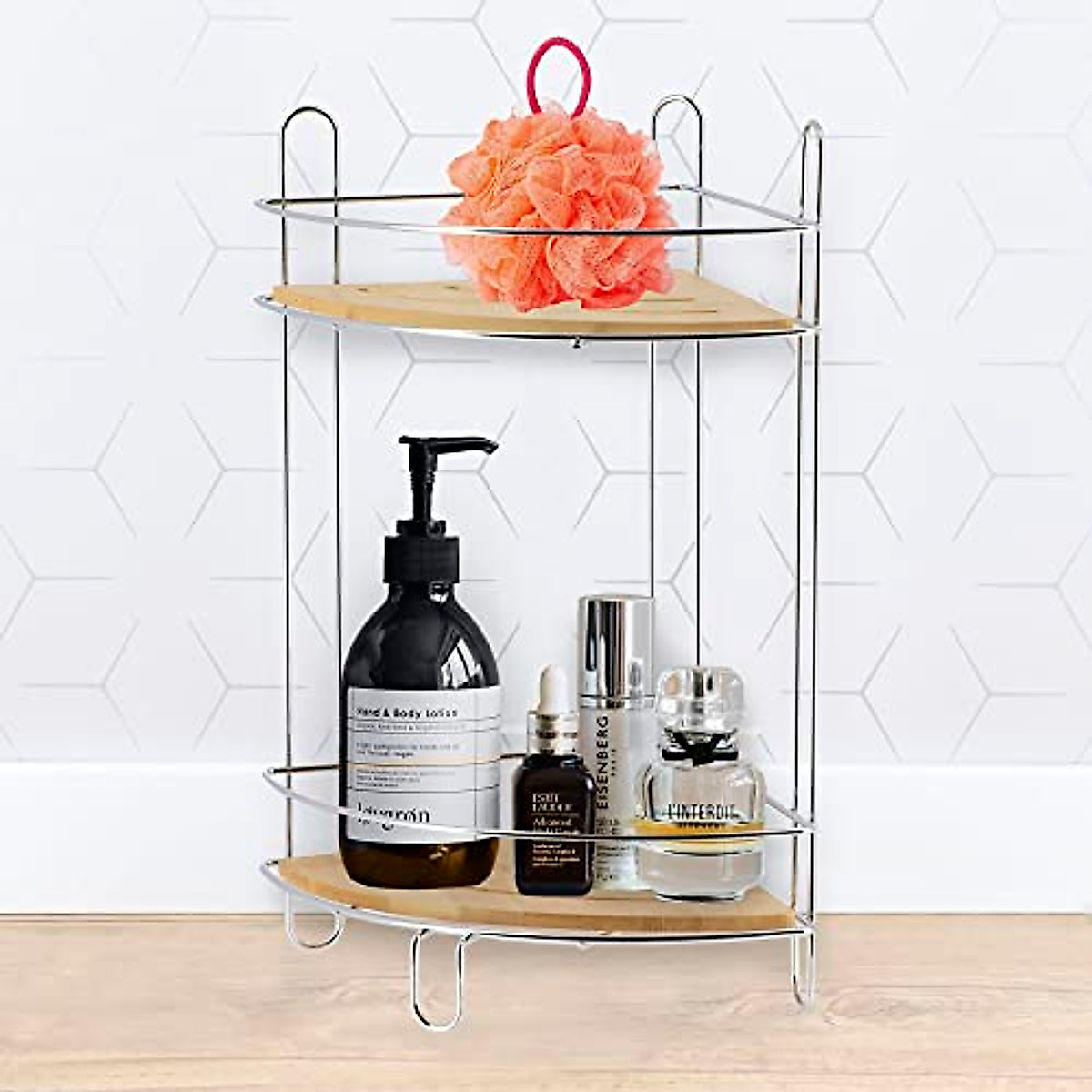EVIDECO Free Standing Corner Shower Caddy, 2 Shelves, 8 L x8 W x 14.8 H, Chrome/Bamboo