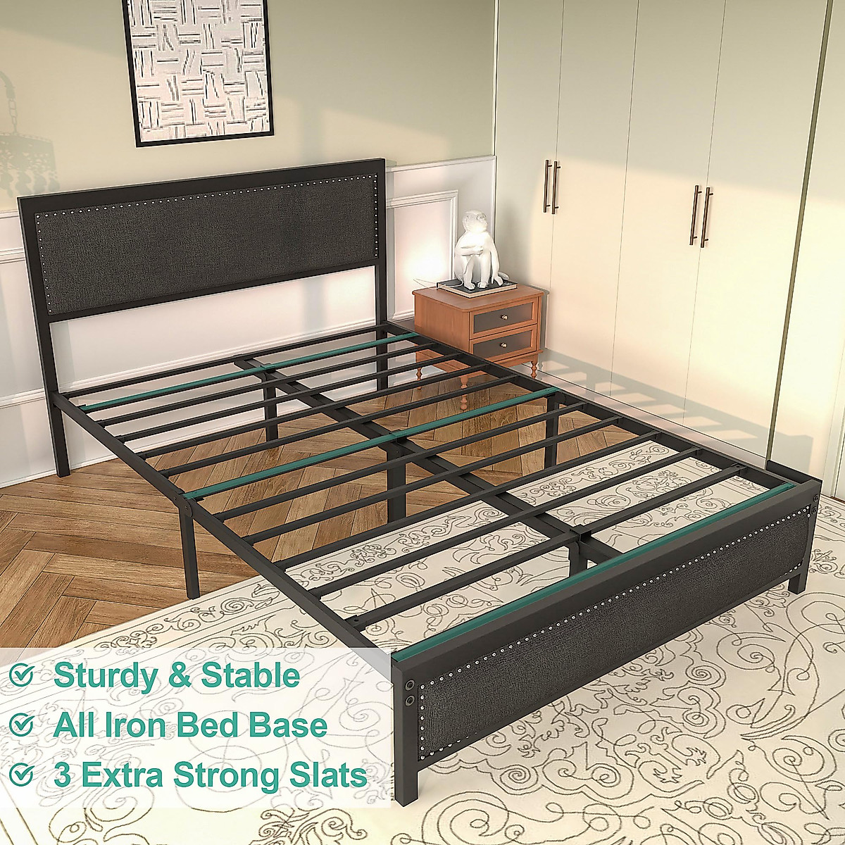 VECELO Queen Size Bed Frame with Linen Fabric Headboard and Footboard, Heavy-Duty Platform with Strong Steel Slats, No Box Spring Needed, Easy Assembly, Black