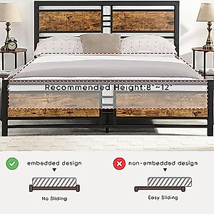 AnwickNomo Queen Size Metal Platform Bed Frame with Wooden Headboard and Footboard, Heavy Duty Rustic Country Style Mattress Foundation with Strong Slat Support, No Box Spring Needed, Noise-Free