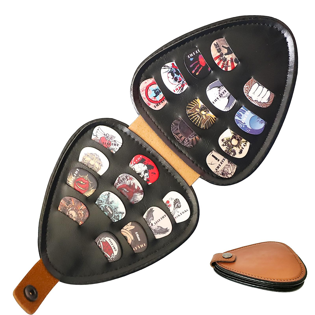 RAUYIVANY Guitar Pick Holder Case with 22 Picks, inner-outer layer Pure Leather for Storage 22 Slots Various Thickness Picks Pouch. Guitarist Gift