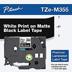 Brother P-touch TZe-M355 White Print on Premium Matte Black Laminated Tape 24mm (0.94”) wide x 8m (26.2’) long