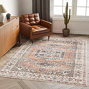 Valenrug Washable Rug 5x7 - Ultra-Thin Antique Collection Area Rug, Stain Resistant Rugs for Living Room Bedroom, Distressed Persian Boho Rug(Peach/Yellowish, 5'x7')
