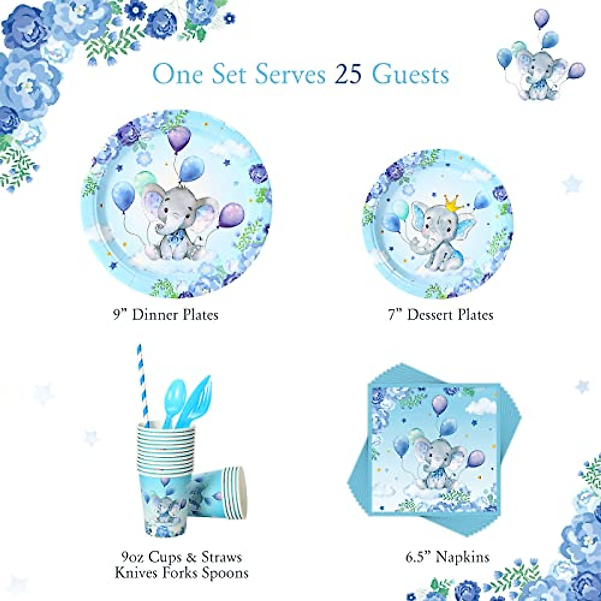 200 Pcs Elephant Baby Shower Party Supplies for 25 Guests Blue Paper Plates Cups Napkins Straws Tableware Sets for Boys Baby Shower Decorations Elephant Theme 1st Birthday Party Favors