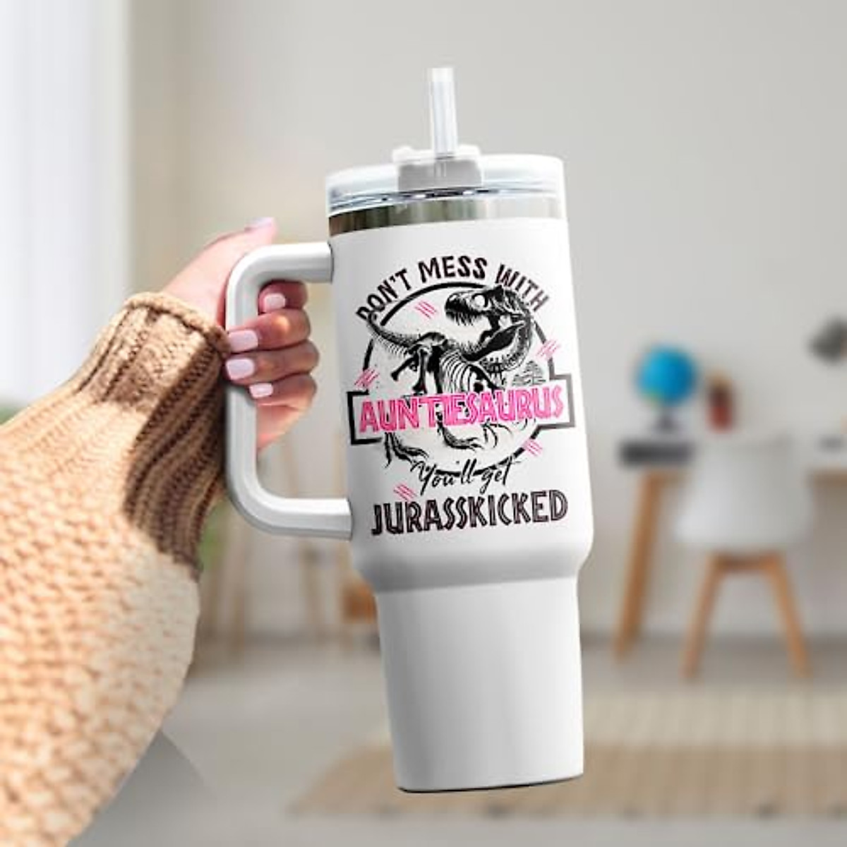 UNILYLY Auntiesaurus Nutrition Facts, Aunt Auntie Coffee Handle For Cups Gift, Dinosaur Insulated Cup Aunt Double Wall, Tumbler 40 Oz With Handle Lid And Straw, Auntiesaurus Gifts