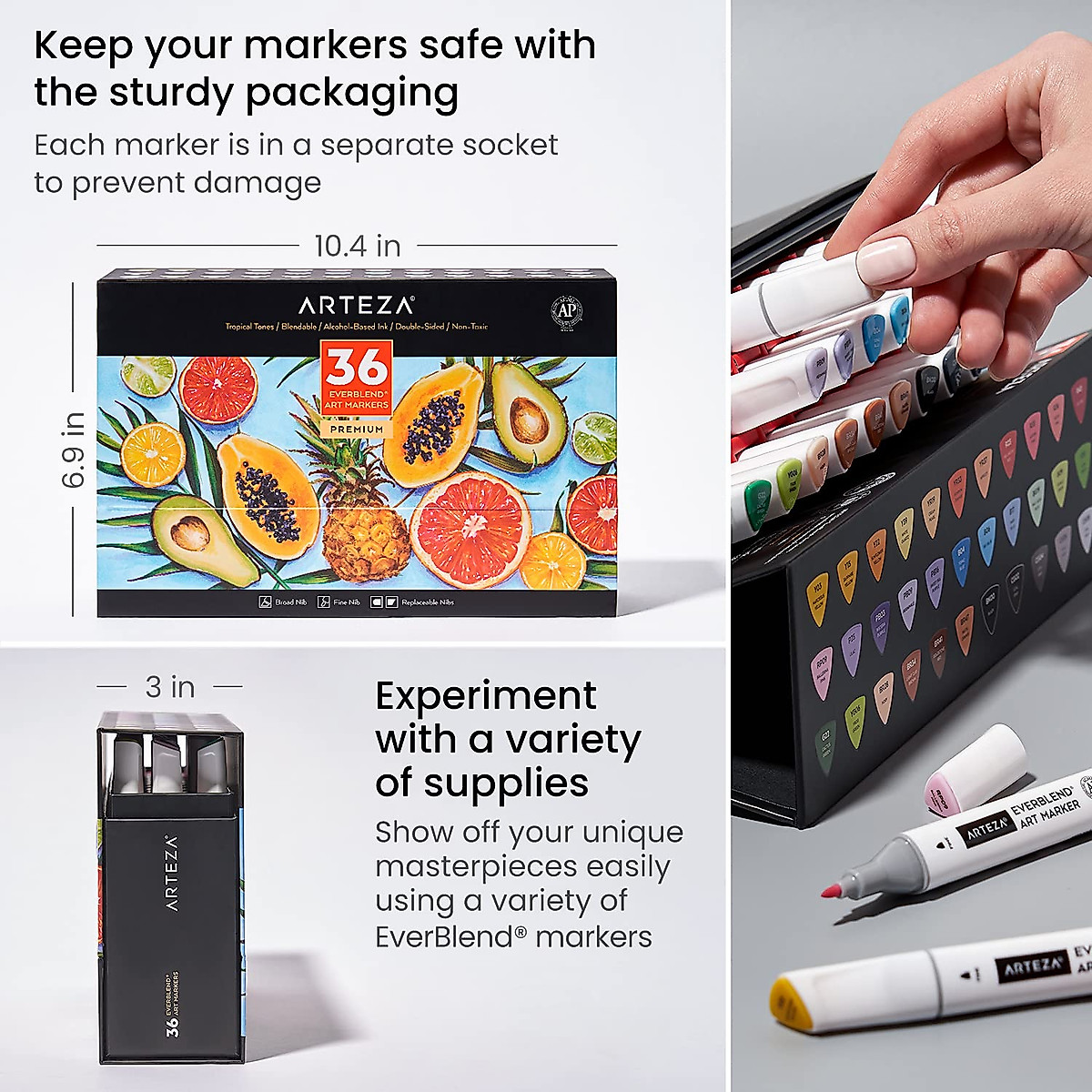 ARTEZA Alcohol Art Markers, Set of 36 Colors, Tropical Tones, Everblend Sketch Pens in Organizer Box, Dual Tips