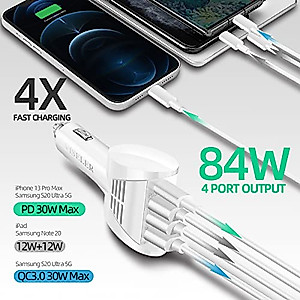 USB C Car Charger Adapter 84W, 4 USB Ports Fast Car Charger, PD3.0 QC3.0 Car Phone Charger Fast Charging Compatible with iPhone 13 12 11 Pro Max iPad, Samsung Galaxy S22/Note 20, Tablet, Pixel, LG.