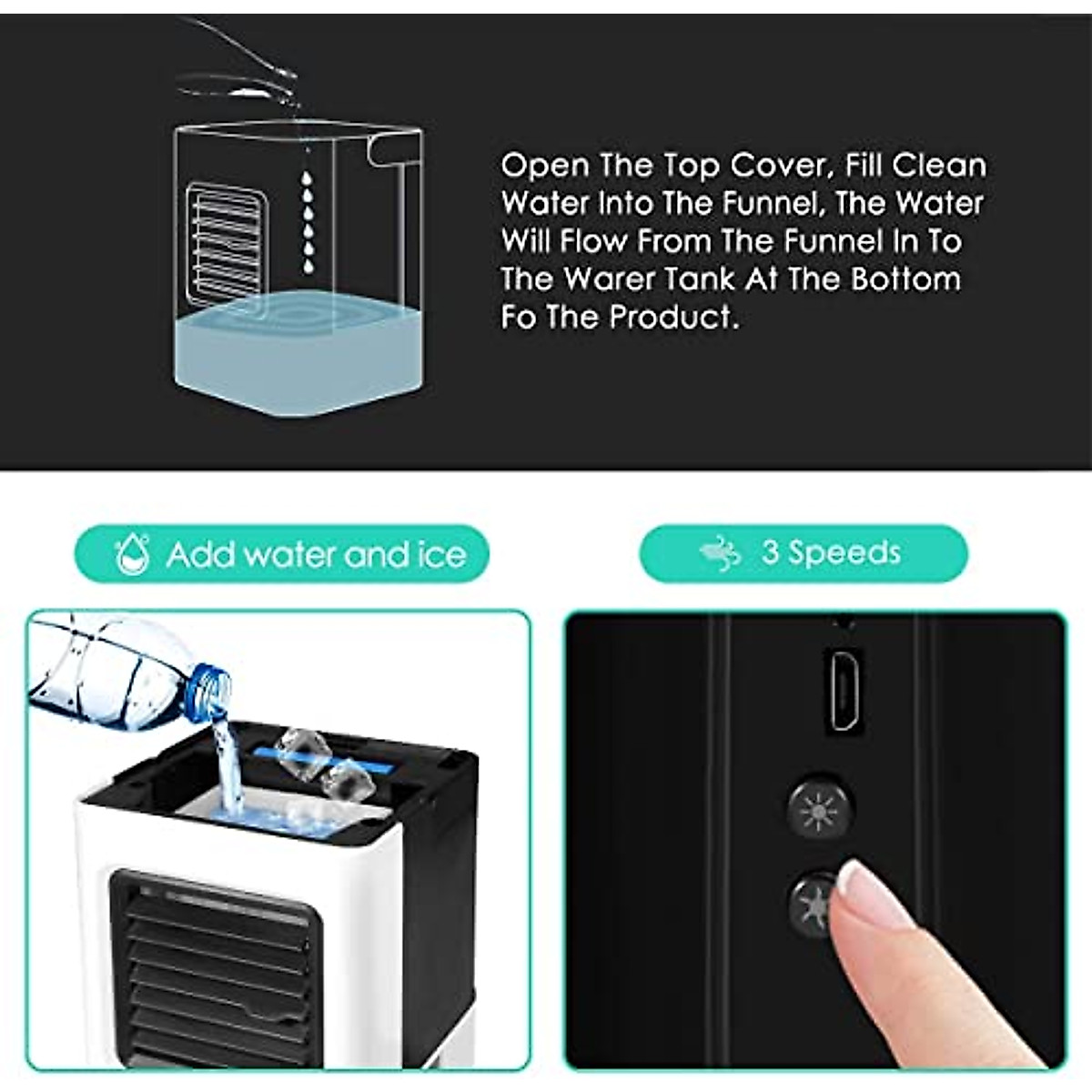 Portable Air Conditioners, 3-In-1 Air Cooler with 3 Speeds, Humidifier and Ultra Quiet, Evaporative Mini Air Conditioner for Room, Home and Office