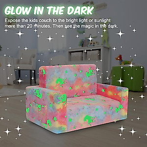 SLIGUY Kids Couch, Fold Out Kids Sofa Chair, Toddler Convertible Sofa to Lounger Pull Out Couch, Glow in The Dark Sofa Chair for Boys and Girls (Pink Large)