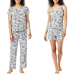 Lucky Brand Women's Pajama Set - 4 Piece Short Sleeve Shirt, Tank Top, Sleep Pants, Lounge Shorts, Size Large, Mini Denim Floral