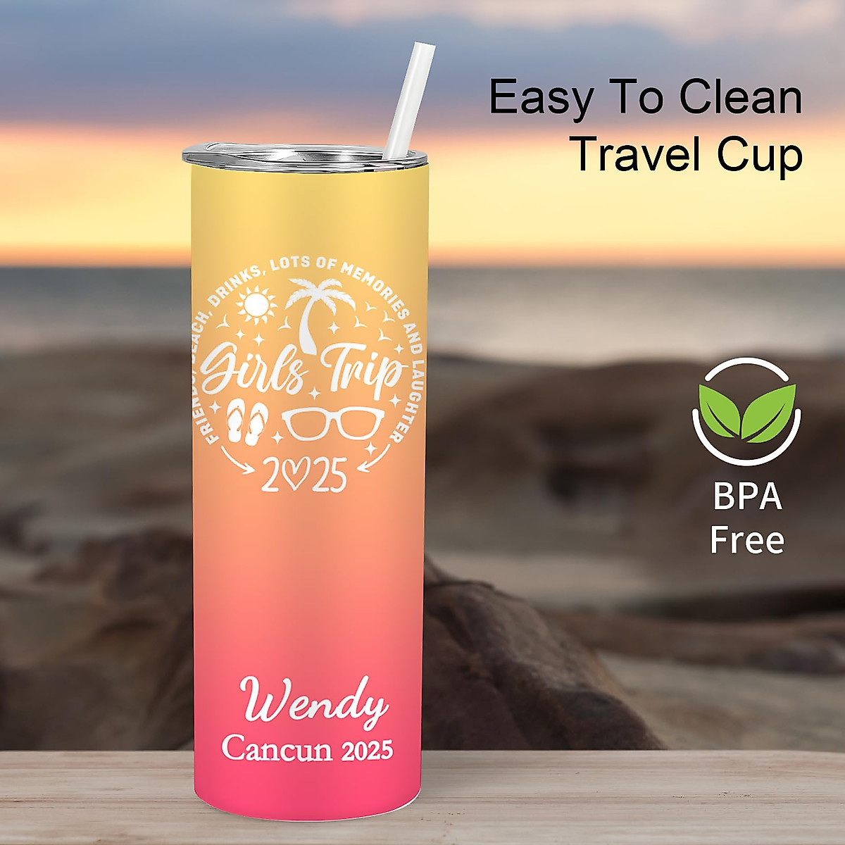 Personalized Girls Trip Tumbler, Custom Beach Vacation Tumbler with Name, Girls Trip Cups, 20 oz Skinny Tumbler with Lids and Straws, 2025 Girl Weekend Gift, Bachelorette Trip Gifts