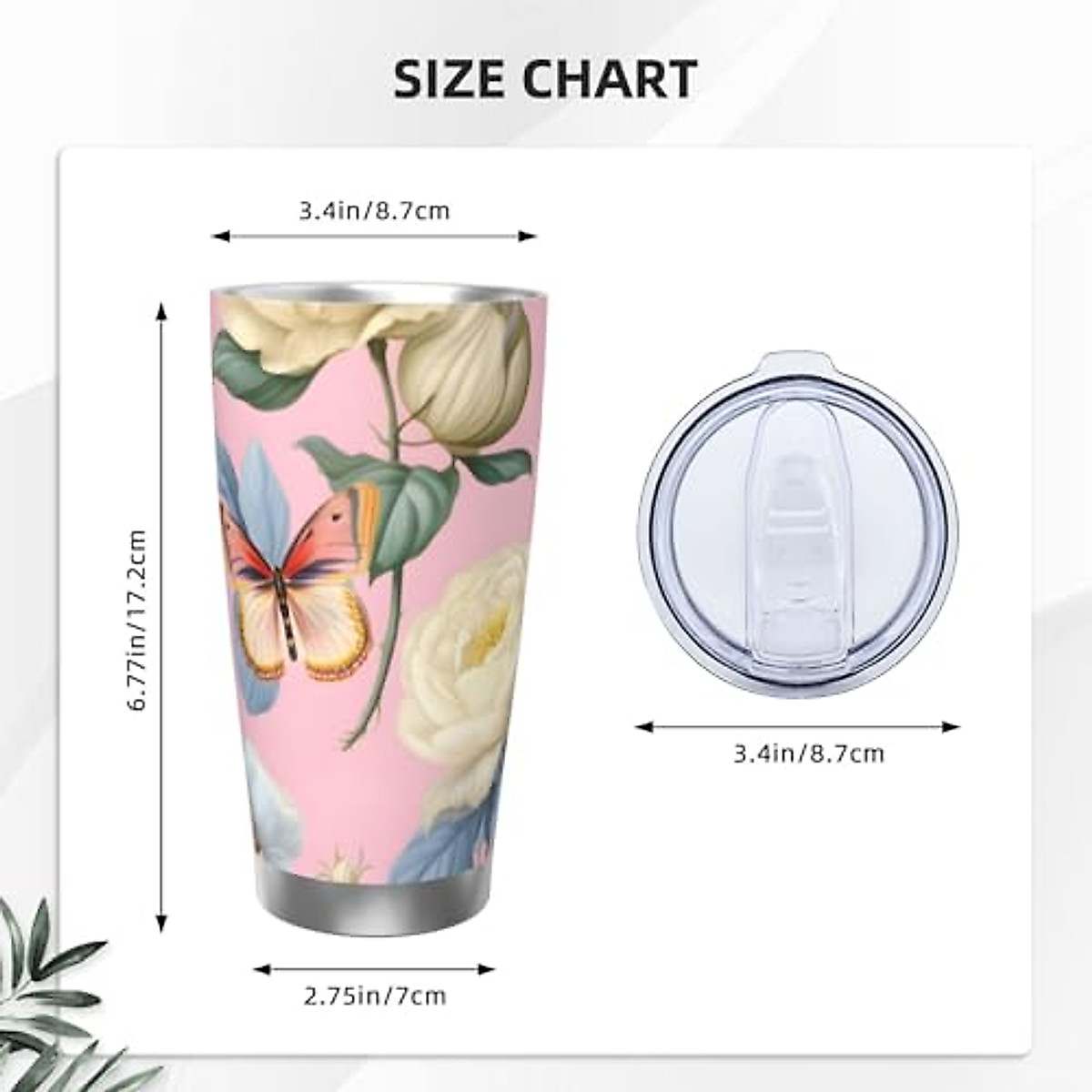 AYCZN Butterfly White Flower 20 OZ Tumbler Stainless Steel Travel Coffee Mug, Romantic Floral Insulated Water Bottle with Lid and 2 StrawsLeakproof Thermal Cup