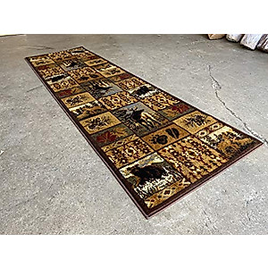 Cabin Style Distressed Antiquated Runner Area Rug Black Bear Elk Deer Wildlife Animal Country Hunting Southwest Wilderness Design 760 (2 Feet X 7 Feet)