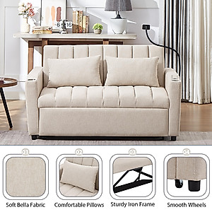 Tdewlye 55.9'' Convertible Sleeper Sofa Bed with 2 Side Pockets, 3 USB Ports, Cup Holders and 360°Swivel Phone Holder, Loveseat Sofa Couch with Pull-Out Bed, 2 Pillows (Beige-BG)