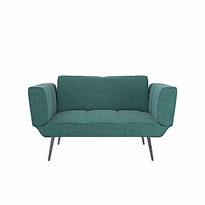 Novogratz Leyla Loveseat with Magazine Storage, Adjustable Sofa Bed Armrests to Convert into a Couch Sleeper, Teal Futon