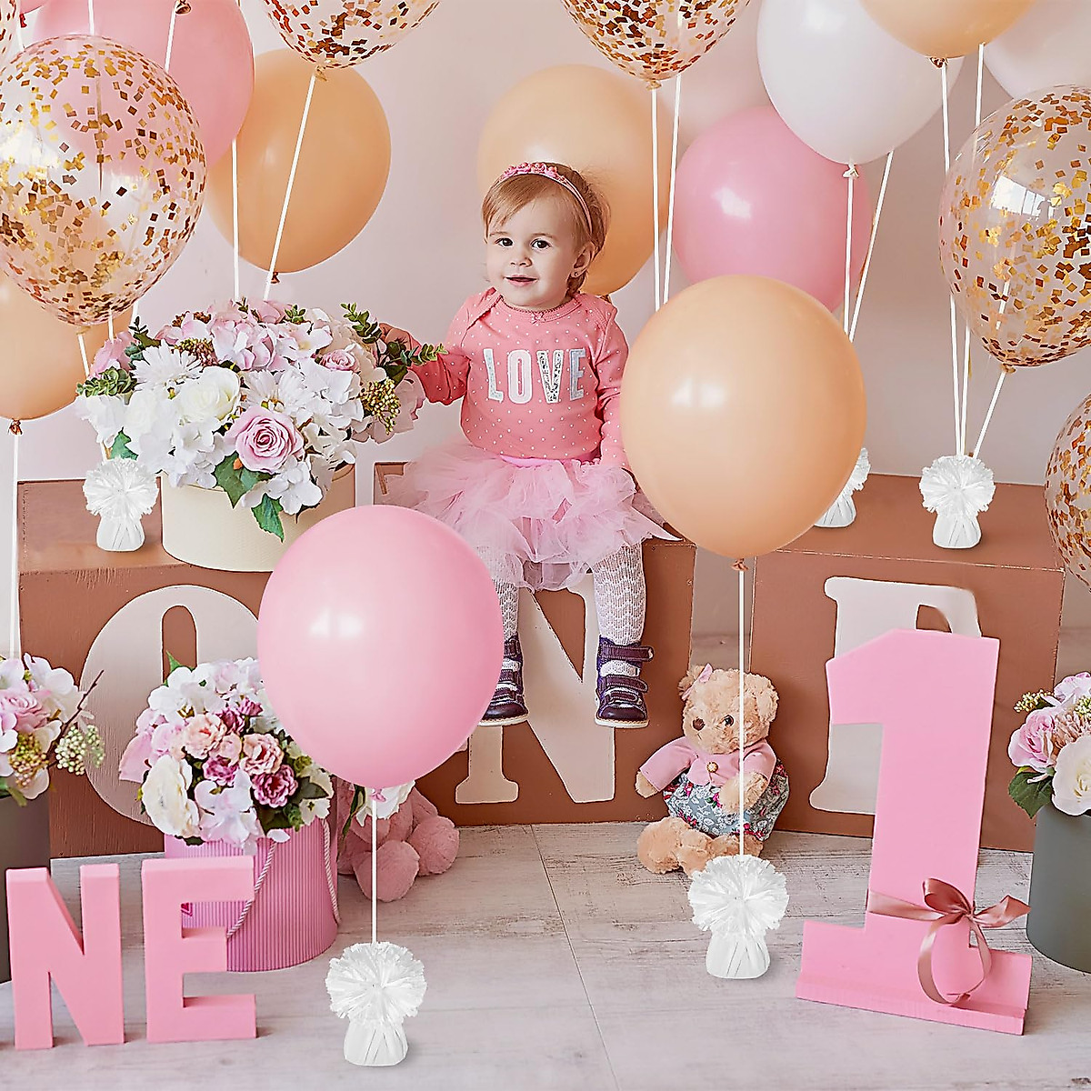 24 PCS Balloon Weights Metallic Anchor, Balloon Holder Heavy Weights with 1 Roll Iridescent Crimped Ribbon for Balloons Table Party Favor Birthday Decor(White)