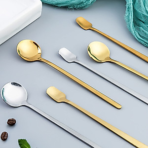 Stainless Steel Coffee Spoons, 6.7 Inch Stirring Spoons, Cocktail Stirring Spoons for Coffee Tea Dessert Cake Ice Cream Cappuccino (Round-Gold-1Pack)