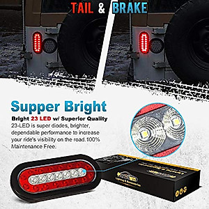 Partsam 2Pcs 6.3" inch Oval Truck Trailer Led Tail Stop Brake Lights Taillights Running Red and White Backup Reverse Lights, Sealed 6.3 inch Oval led Trailer Tail Lights w reflectors Flush Mount