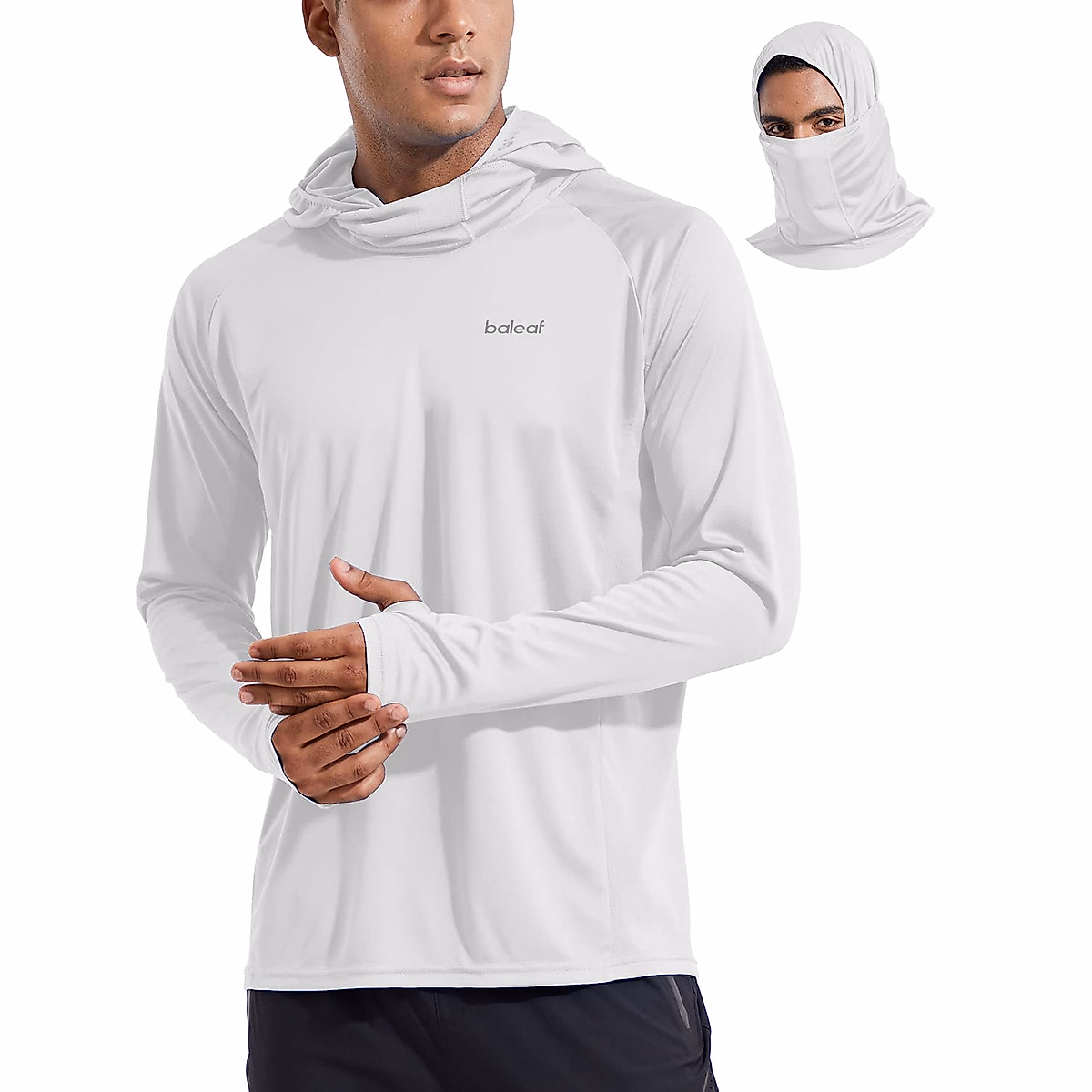 BALEAF Mens Shirt, Sun Protection Hoodie UPF 50+ UV SPF T-Shirts with Mask Rash Guard Fishing Lightweight, 03-White, Large, Long Sleeve