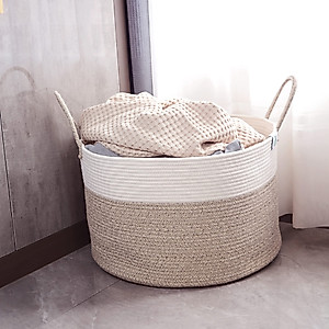 COMMIGLOW XXX-Large Cotton Rope Basket (22”x14”),100% Pure Cotton Woven Laundry Basket for Storage, Blanket Basket for Living Room, Baby and Dog Toy Storage Basket Bin with Handle, Light Brown