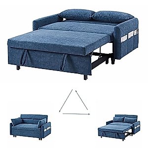 Gynsseh Pull Out Sofa Sleeper, 3 in 1 Convertible Sleeper Sofa Bed with 2 Pillows and Storage Pockets, Microfiber Love Seat Lounge Sofa Bed for Small Space, Living Room, Blue