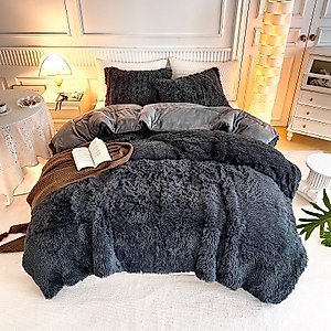 Shaggy Comforter Set Black Queen Size 3 Pieces Winter Faux Fur Comforter Set with 2 Pillowcases Ultra Soft and Easy Care Luxury Plush Warm Super Fleece Velvet Flannel Bedding Set