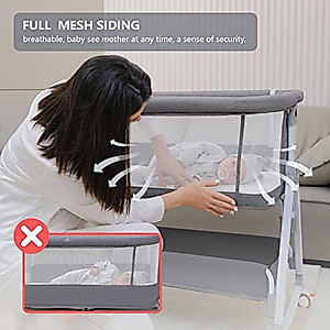 Baby Bassinet Bedside Sleeper for Baby with Wheels and Storage Basket ,All Mesh Portable Bedside Bassinet Co Sleeper for Newborn /Infant,7 Height Adjustable Easy to Assemble Bedside Crib（3 in 1，Grey）