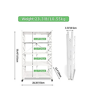 villertech Folding Shelf 5 Tier,Folding Bookshelf,Foldable Shelf,Metal Folding Storage Shelves with Wheels,Sturdy,No Assembly Folding Shelf Unit for Kitchen,Living Room,Study,Greenhouse(White)