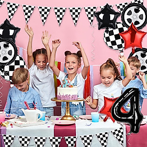 Jspupifip 15 Pcs Number 4 Race Car Birthday Balloons 40 Inch Race Car Checkered Foil Wheel Tire Balloons Racetrack Balloon Checkered Flags 8.2 Ft Banners for Race Car Boy 4st Birthday Party Supplies