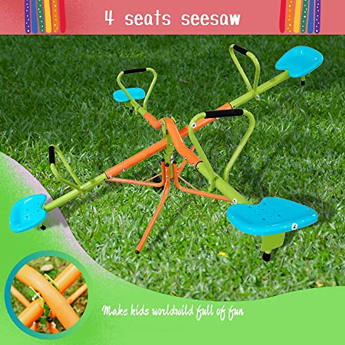 Veemuaro Kids Seesaw, 4 Seat 360 Degree Spinning Seesaw, Kids Outdoor Play Equipment, Metal Teeter Totter for Playground and Backyard (4 Seats)