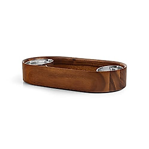 nambe Oblong Nest Chip and Dip Serving Bowl | Wooden Appetizer Platter Set with Oven Safe Metal Dip Cup for Salsa, Guacamole, Nacho, Vegetables | Measures at 13” L x 6.5” W | Designed by Neil Cohen