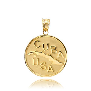 Sideways Crosses Solid 14k Yellow Gold CUBA-USA Medallion Pendant Necklace, 22"