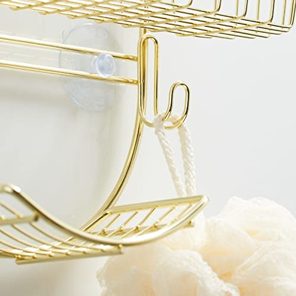 mDesign Steel Metal Curved Bathroom/Shower Caddy, Hanging Storage Organizer for Shampoo and Conditioner Bottles - 2-Tier Rack with Baskets - Holder for Soap, Body Wash, Concerto Collection, Soft Brass