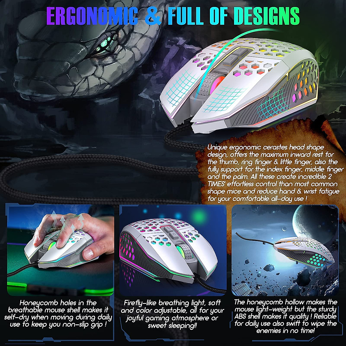 RICESTKCN Gaming Mouse PC Gaming Mice - Honeycomb Mouse Gamer RGB Gamingmouse Wired Ergonomic 6 Levels up to 8000 DPI 7 Programmable Buttons 7 Backlight Modes for PC Laptop Mac Windows Vista (White)