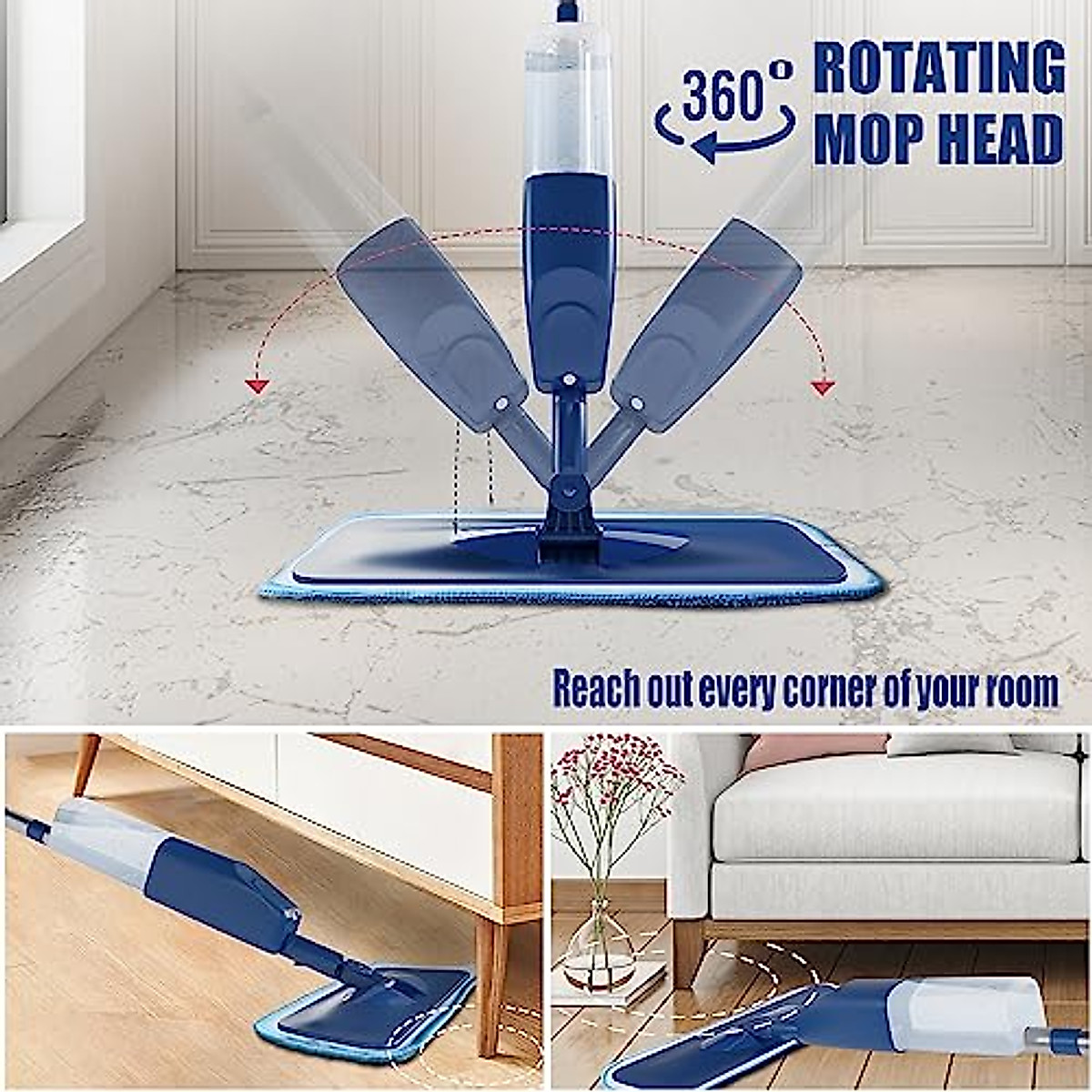 Spray Mops for Floor Cleaning - ZFGYmuxi Microfiber Wood Floor Dry Wet Mop with 2X 500ML Bottles 4X Microfiber Pads,Multifunction Spray Mops Dust Flat Mop for Hardwood,Marble,Tile Floor Mopping