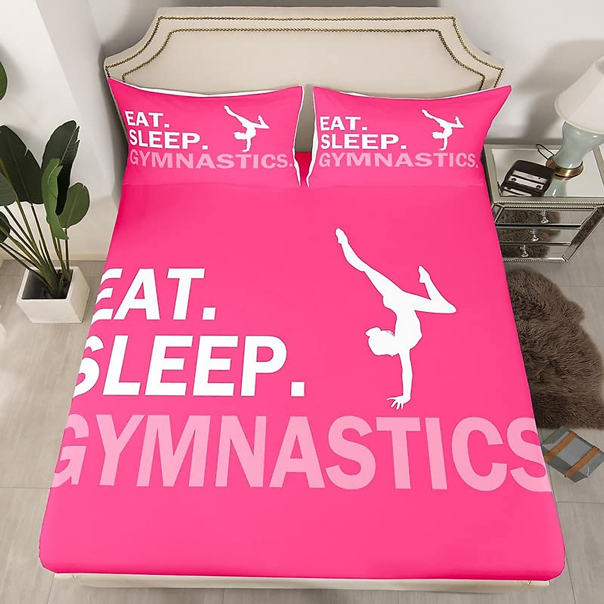 jejeloiu Gymnastics Sheets Set Full Girls Gymnastics Lovers Bed Sheet Set for Kids Women Ultra Soft Sports Bed Sheet Girly Pink Bedding Set Decor Flat Sheet & Deep Pocket Fitted Sheet & Pillowcase