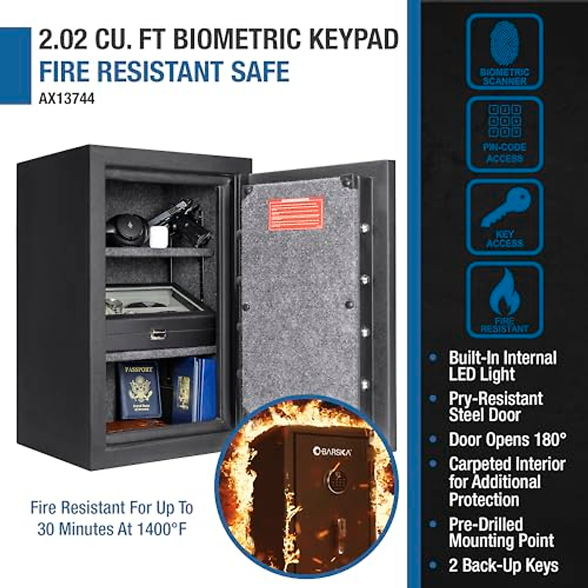 Barska Advanced Digital Biometric Fingerprint & Keypad Code Security Fireproof Safe - 2.02 Cu Ft with LED Light & Alarm