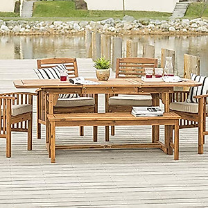 Walker Edison Maui Modern 6 Piece Solid Acacia Wood Slatted Outdoor Dining Set, Set of 6, Brown