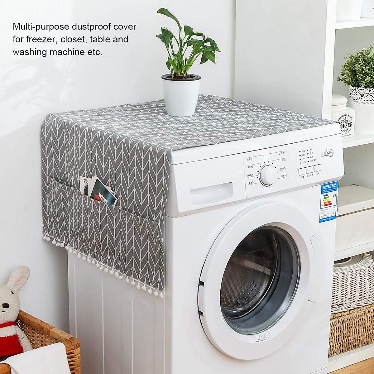 Fridge Dust Cover Multi-Purpose Washing Machine Cotton Linen Top Cover with Side Storage Pockets-Grey White Stripes(51x21inch)