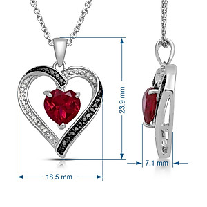 Jewelili Sterling Silver Pendant Necklace with 8mm Heart Created Ruby and Treated Black & Natural White Round Diamonds, 1/10 cttw, 18" Rolo Chain