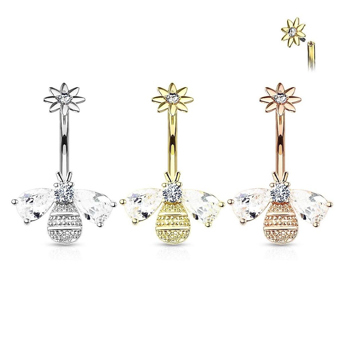 Pierced Owl CZ Crystal Bumble Bee Flower Top Belly Button Navel Ring (Rose Gold Tone)