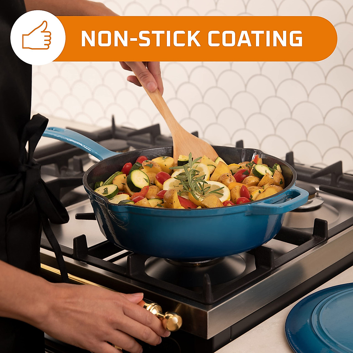 Bruntmor 5 Qt Turquoise Enamel Cast Iron Sauté Pan With Lid, 5 Quart Oven Safe Cast Iron Skillet, Cast Iron Grill Pan Set, Nonstick Cookware And Bakeware For Casserole Dish