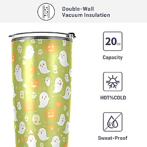 Amooorous Cute Unique Pumpkin Lamp Unique Orange Green Stainless Steel straw, vacuum insulated water bottle with Straw Lid travel mug spill proof for travel 20oz coffee tumbler botellas