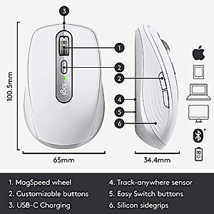 Logitech MX Anywhere 3 for Mac – Wireless, Ultrafast Magnetic Scrolling, Any Surface, 4000DPI Sensor, USB-C, Bluetooth,MacBook Pro/ Air,iMac,iPad Compatible - Pale Grey